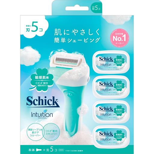 内容量:本体1個、替刃5個 スリムで握りやすいハンドル 濡れた手でもすべりにくいラバーグリップ付き スイングヘッドの4枚刃が身体の微妙なカーブに合わせて動く 濡らすだけで、カミソリの動きをスムーズにし、肌にうるおいを与えるソープ(保湿成分配合)