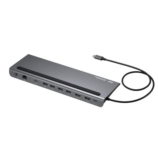 USB Type-Cケーブル1本でディスプレイ最大2台へ4K映像出力ができる、HDMI映像出力端子を2ポート搭載したUSB Type-Cドッキングステーションです。 自宅やオフィスなどではType-Cケーブル1本の接続で大画面ディスプレイと...