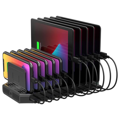 【10台同時充電タイプ】付属の仕切り板(高い板11枚)で最大10台のモバイル機器をキレイに置けます。スマートIC内蔵で充電中、USBデバイス端末に適した最適な電圧を自動的に調整できます。iPadなら最大で5台まで充電できます。 【お好みによ...