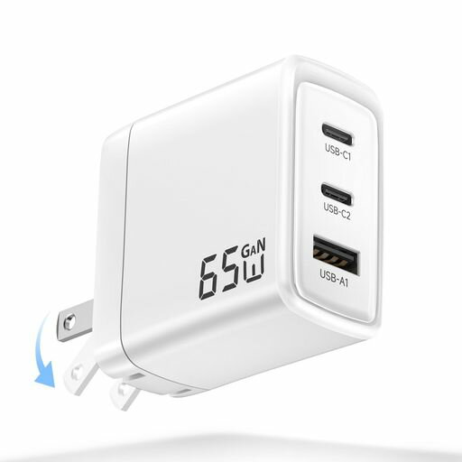 ▶【PD充電器65W+3つのポート付き】革新的なデザインの充電器は、2つのType-Cポートと1つのUSB-Aポートを搭載し、様々なデバイスの充電ニーズに完璧に対応。pd充電器は新たにアップグレードされ、どのCポートでも出力65Wで、Mac...