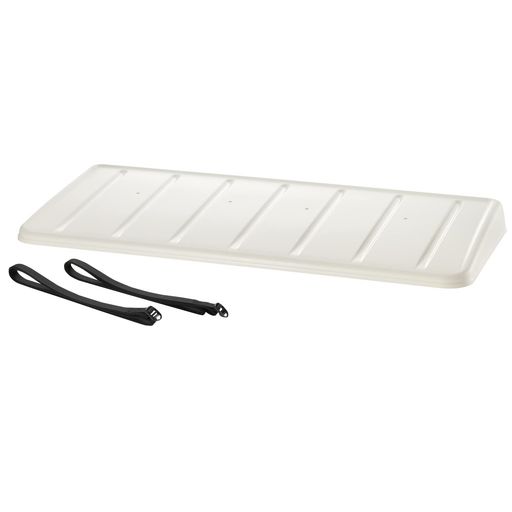 エアコンの室外機を直射日光や風雨、雪、ホコリなどから守るカバー [サイズ]〈製品サイズ〉約91x40x高さ6.5cm、〈取り付け可能室外機サイズ〉幅:52~88、奥行:~37cm [付属品]固定ベルトx2本