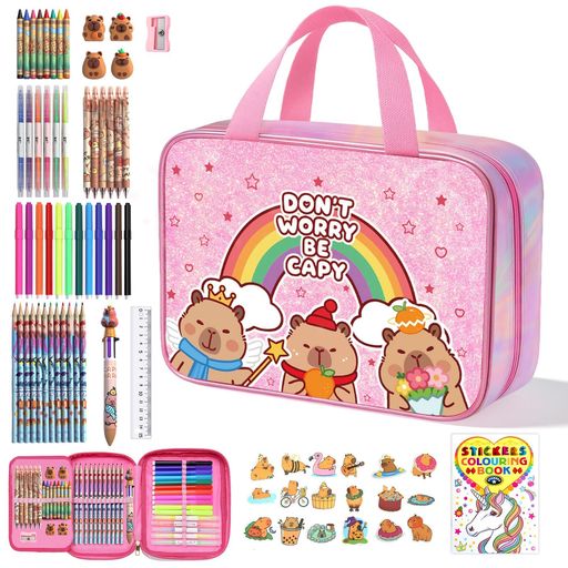 73点入り キッズ用マーカーセット: この子供用画材セットには、3歳から10歳までの子供が絵を描くために必要な道具が全て揃っています。内容物:カピバラペンシルケースx1、香り付きマーカーx12、色鉛筆x12、クレヨンx8、両端マーカーx6、...