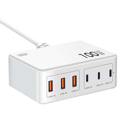 【合計100WマルチポートUSB充電器】3つUSB-Cポート、3つUSB-Aポートを搭載していて、まとめて6台のデバイスを同時に充電できる100W卓上充電器です。外出先や忙しい生活の中で充電待ち時間を大幅に短縮し、充電のストレスから解放され...