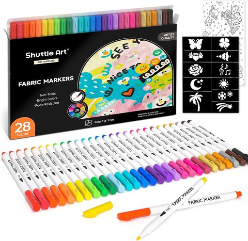 【布用カラーペンセット】布描き28色カラーマーカーペンセットです。発色が鮮やかで、濃地や柄の布にも鮮やかに映えます。生地にひっかかることなく、スムーズに描きやすいです。ステンシル1枚とファブリックシート1枚がギフト付きです。DIY趣向の人、...