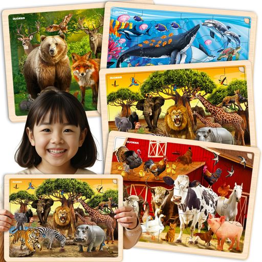 4点セットの木製パズル: 3〜5歳向けの48ピースパズル(サイズ30x22cm)。動物をテーマにした幼児・子ども向けのインセットジグソーパズルで。 動物の24ピースパズル: 木製の大きなピースで構成され、ユニークな形状が特徴。さまざまな動物...