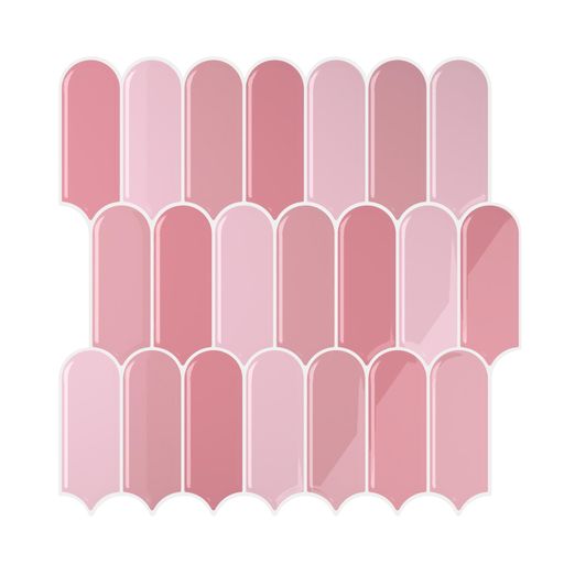 【3D立体で高級感あるピンクグラデーション】3D成型によるリアルな凹凸感と上品な光沢が特徴の壁紙シールです。繊細な長扇形のタイルシールデザインと優雅なピンクのグラデーションが、キッチンや洗面所の空間に温かみと高級感をプラス。光を反射して明る...