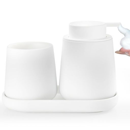 泡ハンドソープディスペンサー:ソープディスペンサーは独自の加工でデザイン性も抜群。マットな質感のポンプは手触りがよく、押すときの手間が省けます。大きい接続面のポンプヘッドは、ワンプッシュでふわふわの泡ができる!セラミック製のソープボトルは、...