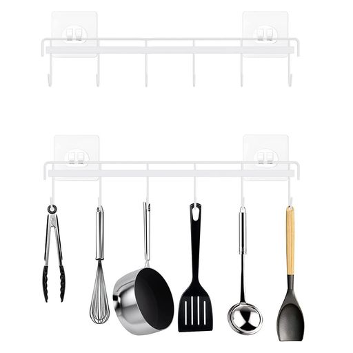 【キッチンツールフック】サイズ:32.5x6.5x2cm、重量:約112g、材質:鉄、数量:キッチンツールフック1個、粘着フック2個。この壁掛けフックで収納スペースを節約できます。各棚には6つのフックがあり、キッチンツールを掛けられます。 ...