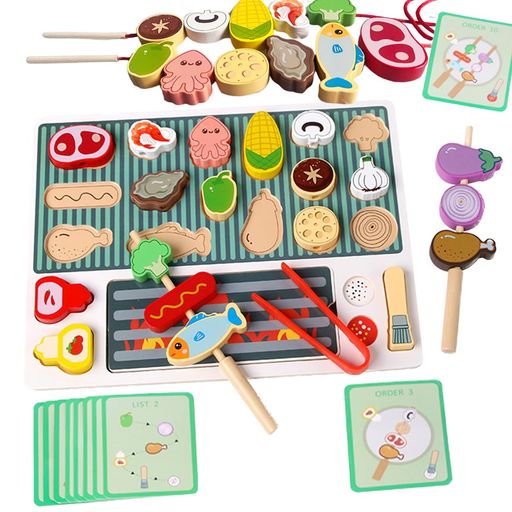 【4in1モンテッソーリ玩具】1バーベキューの型はめ;2棒通しおもちゃ;3紐通しおもちゃ;4クリップでブロックを挟むの指先訓練。おままごとをしながら知育ができて、豊富な遊び方で飽きずに興味津々遊べるおもちゃです。 【BBQごっこ食べ物のはめ...