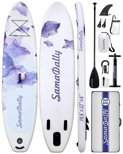 [SUP デザイン] - SamaDally 10.6 フィート x 32 インチのインフレータブル SUP は、魅力的でユニークな紫色の花柄デザインが特徴です。あらゆるユーザーに安定したバランスの取れたプラットフォームを提供し、さまざまな...