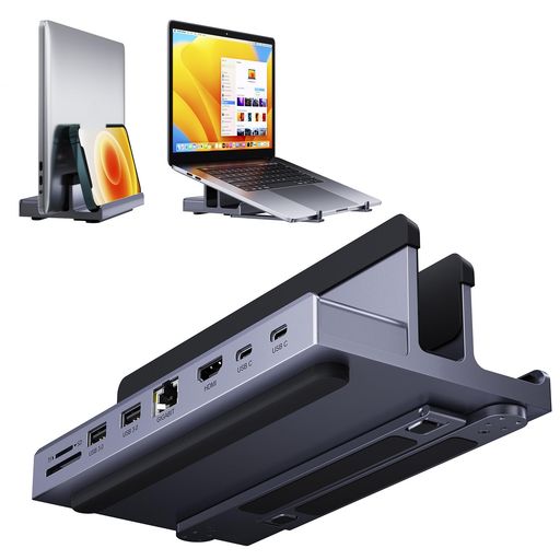 【デスク環境向け縦置きノートパソコンスタンド】QUUGE USB-Cドッキングステーションは、縦置きノートパソコンスタンドとマルチポートUSB-Cハブを一体化したコンパクト設計で、すっきり効率的な作業スペースづくりをサポートします。MacB...