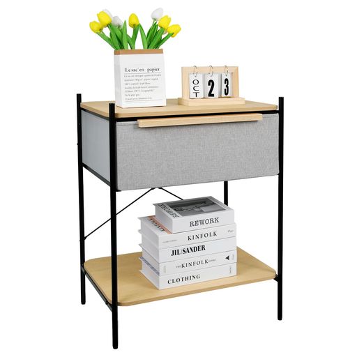 3段収納デザインで整理整頓:防水加工の天板(スマホやランプに最適)、便利な布製引き出し(充電器やノート収納)、下段棚(観葉植物や飲み物にも対応)。 頑丈な金属フレーム構造:強化スチール脚とクロスバーで安定性を確保。棚は各50ポンドまで耐荷重...