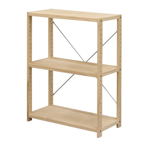 商品サイズ(約):幅620x奥行300x高さ830mm、天板サイズ(約):幅590x奥行300x厚み26mm、棚板調整用穴:25個、棚板調整間隔:32mm 材質:フレーム・棚板/天然木(無塗装)、クロスバー/スチール 耐荷重:棚板10kg/...