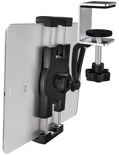 「多機能タブレットフォンホルダー」キッチン、寝室、オフィス、カフェ、ホスピタル、学校図書館、屋外などさまざまな場所でご利用いただけます。クリップタイプで、厚さ41mm以下のキャビネット、棚、テーブル、デスクなどに取り付けられます。 「安定感...