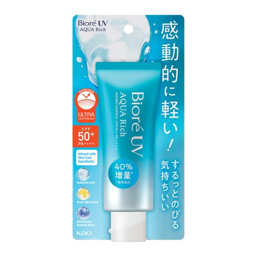 塗り直しても重ねても、感動的に軽い。まるで一枚の皮膚のように全身を覆う、薄く均一なUVブロック膜、ビオレ独自の「アウタースキン発想」のUV。無防備な素肌を守る。ぷるぷるのウォーターカプセル配合。乾燥を防ぐ。着色料フリー エッセンス