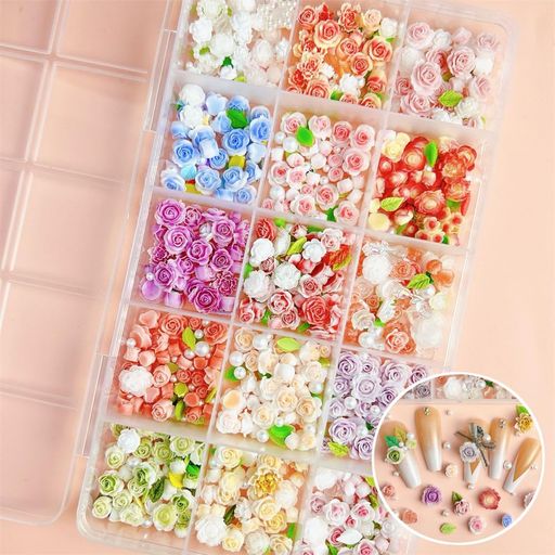 セット内容:15色の花ビーズ、葉、パール若干。 異なる大小のパール、ラインストーンはお花と組み合わせして、可愛らしいお花の3Dネイルデザインが完成、1つ置くだけでとても華やかな印象に。 自宅でのDIYネイルアートの装飾愛好家やプロのマニキュ...
