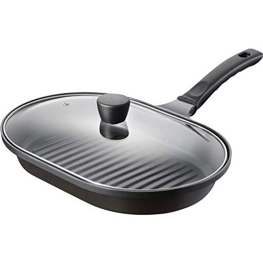 焼肉、焼き魚 商品サイズ:約 幅42.5x奥行33.5x高さ10.7CM、重量:約1510G 鍋の高さ:5CM 本体:アルミニウム合金、内面:ふっ素樹脂加工、外面:焼付塗装、はり底:ステンレス鋼、ハンドル・つまみ:フェノール樹脂、ガラス蓋:...