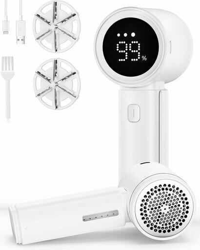 【3段階調整&amp;LED画面の毛玉取り器】この毛玉取り電動モデルは、3段階の速度調節と明瞭なLEDデジタル画面を搭載。電源ボタンで簡単に切り替え可能で、シルクから厚手のコートまで、素材に応じた最適なけだま取りを実現します。バッテリー残量...