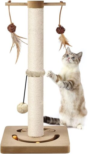 スクラッチ 😺【猫が喜ぶ機能満載】爪とぎポール、ポンポンおもちゃ、羽根つき藤ボール、また幅広い台座にも回転ボールとノーズワークおもちゃが取り付いています。爪を研いだり遊んだり、実に遊び放題のキャットランドです。愛猫のストレス...