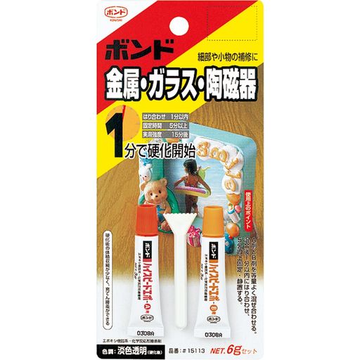 一般接着、陶器修理、木工、金属接着、クラフト 個装形態:ブリスターパック 性状:エポキシ樹脂系 パッケージ重量: 0.02 kg 色: 淡色透明