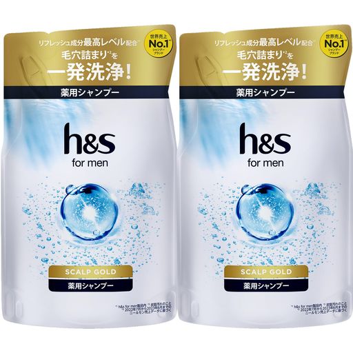 6つの悩みにアプローチ:かゆみ・におい・フケ・乾燥・ベタつき・毛量感不足 h&amp;sformenスカルプゴールドシャンプー詰め替え300mLx2個セットエイチアンドエスフォーメンリフレッシュ成分最高レベル配合*1毛穴詰まり*2を一発洗浄...