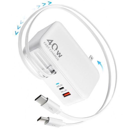 【4デバイス用40W高速充電器】 このtype-c充電器は、2つのUSBポート(USB A,USB C)と2本の巻き取り式Type-Cケーブルを備えており、4台のデバイスを同時に充電できます。i-Phone、Androidスマホ(Galax...