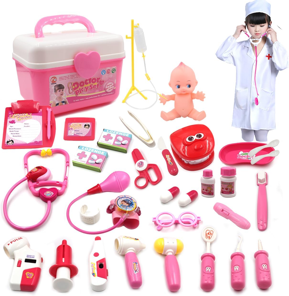 商品情報 商品詳細 光る響く道具： 34セットのなかで六つ光る響く道具があります。ドキドキの心臓音が聞こえ、赤いライトが光る聴診器。奥歯をしっかりチェックできるライト付き口腔鏡。赤いライトが光る体温計＆血圧計＆懐中電灯。黄色いライドは光る耳...