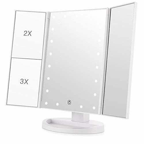【LEDライト化粧ミラー＆21個LED付き】内蔵の21個のLEDライトは、暗い場所や弱い光の場所での使用に非常に役立ちます。とても柔和的なLED灯で安定の光を供給し、綺麗にメイクアップできます！LED照明なので、時間や場所を気にせず、いつで...