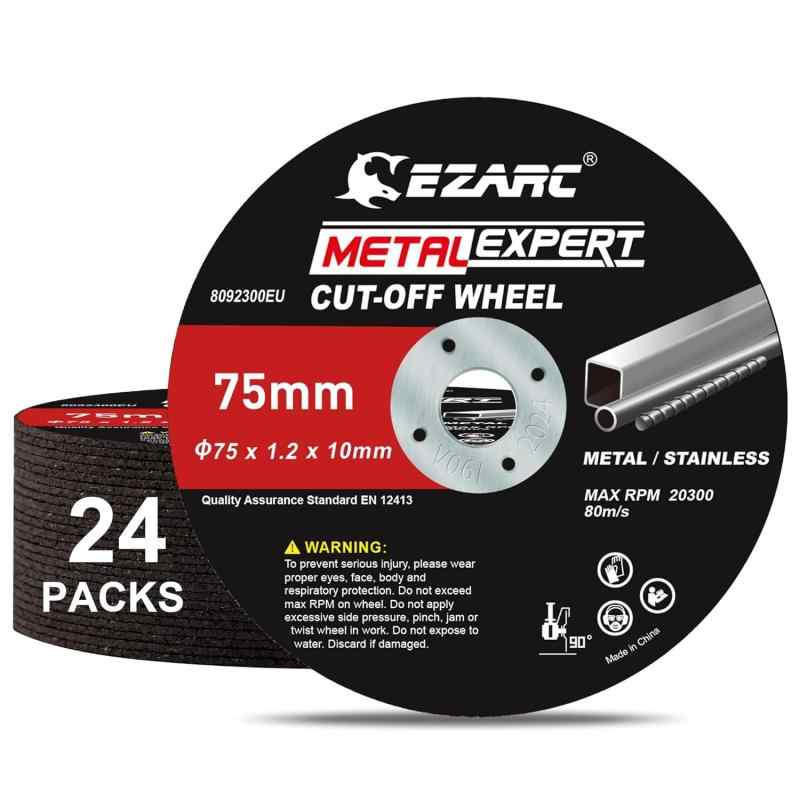 EZARC(イザーク) グラインダー 刃 24枚入 75mm切断砥石 1.2mm超薄型 鉄工用 75x1.2x10mm【極薄デザイン】EZARC極薄切断砥石の厚みは1.2mmで、迅速かつバリのない切断が実現できます。【長寿命】当グラインダー...