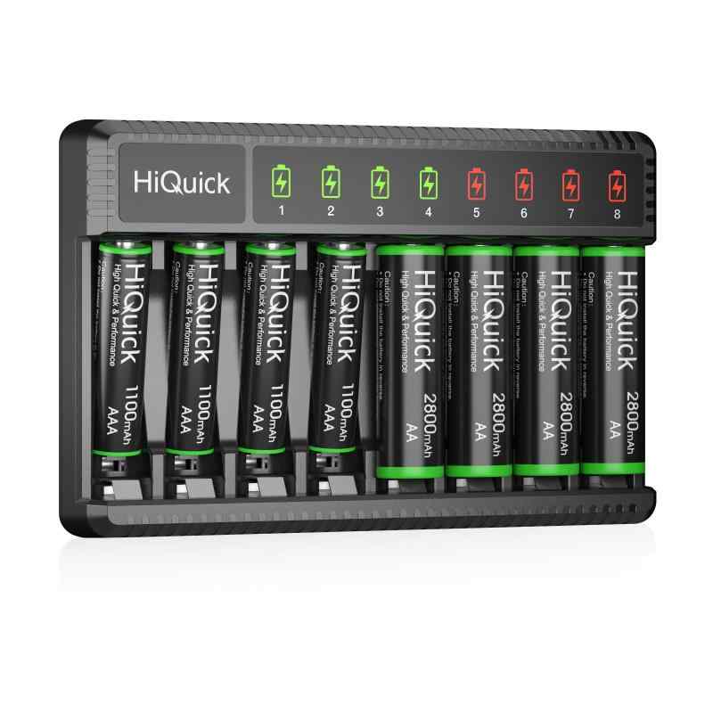 HiQuick 充電池充電器セット 2800mAh単3電池×4 1100mAh単4電池×4付き 急速充電器 単四電池 単3充電器 充電池充電器パック【充電スロット】HiQuickこの充電式電池充電器は1~8本の単三/単4ニッケル・ニカド電...