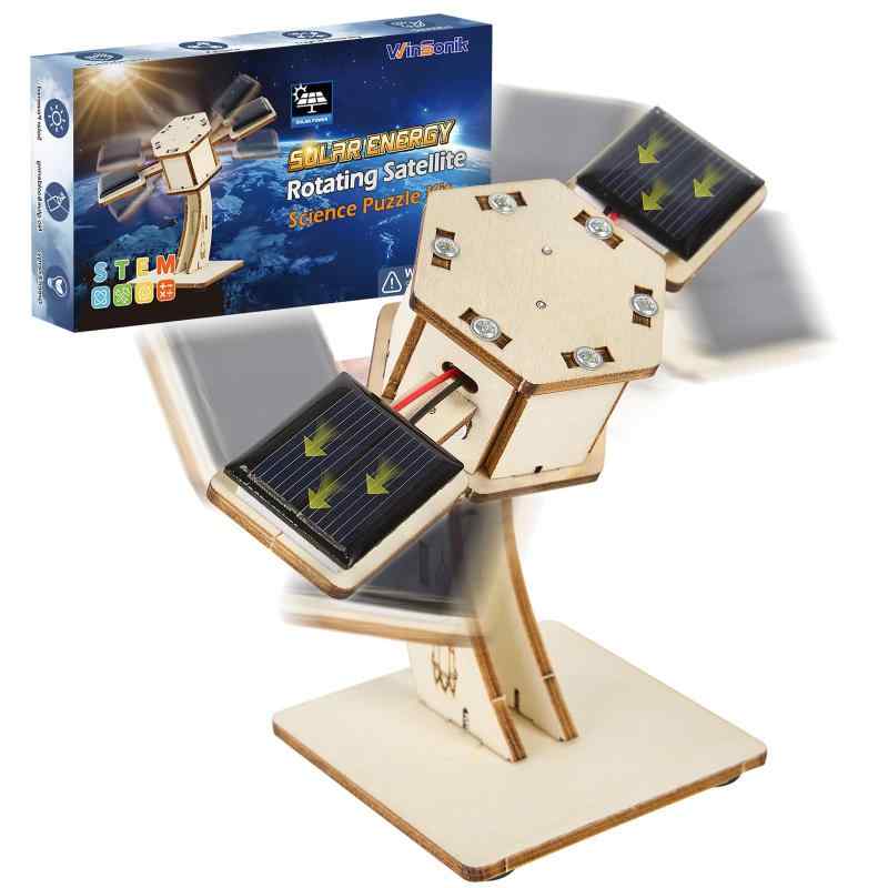 ソーラー木製立体パズル、太陽能発電、夏休み工作キット、回転衛星DIY組立3D建築おもちゃ、知育玩具、STEM教育科学工芸模型キット、8-12歳男の子と女の子手作りキット、自由研究 、実験キ🔆回転する衛星、太陽エネルギーがもた...
