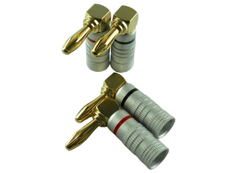 バナナプラグ ばななぷらぐ 金メッキ ゴールド ソルダーレス 無地 L型 A 4本セットサイズ：縦約3.3cm×横3cm内径：4mm　重量：約10gネジ：上下2本のロック式　使用工具：マイナスドライバーカバー材質：アルミニウム　カラー：レッ...