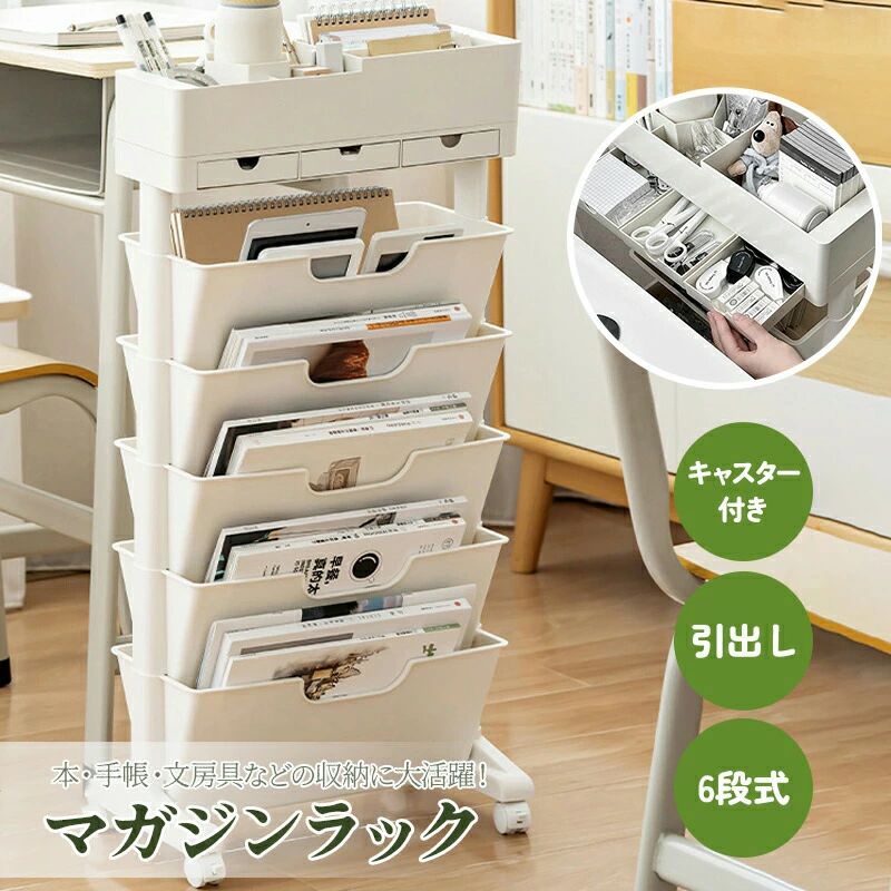 【商品詳細】 商品名：本棚 書類収納（6段式+三つ引き出し付き+キャスター付き） 商品サイズ：40*20*78CMぐらい、商品重さ：3.4kg（梱包箱含み）、整体の耐荷重：40kg カラー：ホワイト 商品説明：・ソファの近くでもベ散らかりが...