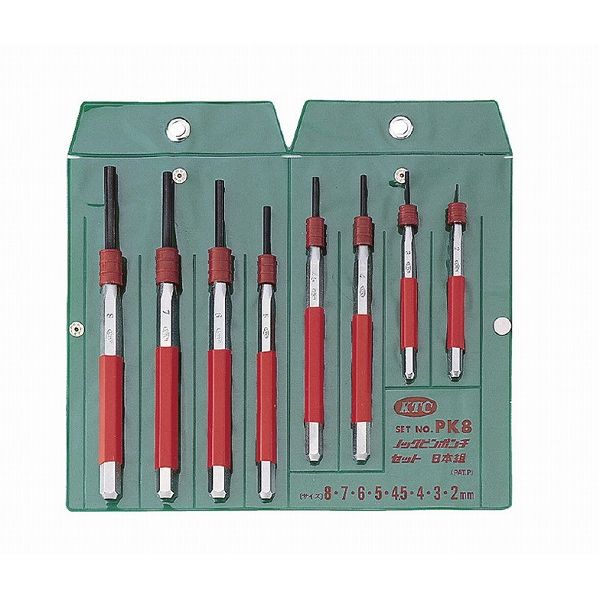 【商品詳細】●重さ(g)：960●主要サイズが1セットになった便利な8本組セットです。●従来のノックピンポンチと違った新しい設計です。●本体は転がりにくい六角形状にしています。●チャッキング用ゴムが作業性の向上に有効です。ノックピンポンチ(...
