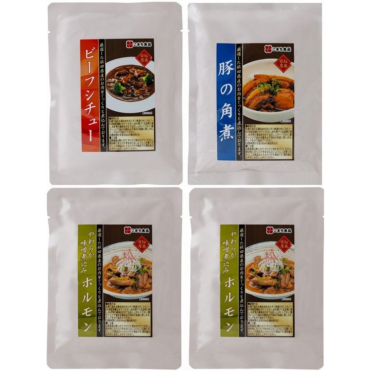 【商品特徴】秋田県の生産者からの肉畜受け入れから製品出荷まで一貫して行っている食肉処理工場で処理された、新鮮な牛肉と豚肉をたっぷり使った商品です。高級感のあるビーフシチューと鮮な秋田県産豚バラ肉に煮汁を充分にしみ込ませた、やわらかくて美味し...