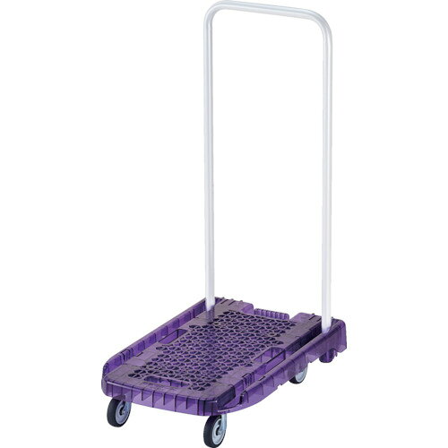 【商品詳細】●天板をポリカーボネート製にすることで、今までにない透明感のある台車を実現しました。●天板をメッシュ構造にすることで、床面からの反響音を抑え走行が静かです。●ハンドルを収納すると、平台車として使用可能です。●ハンドルを後ろ斜めに...