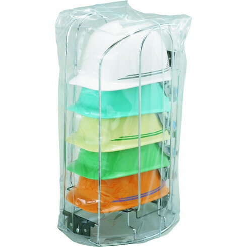 【商品スペック】特長●床置き式のヘルメット収納具です。●ヘルメットを重ねて5〜6個収納可能です。●保護帽の汚れ防止のための透明カバー付きです。用途仕様●本体色：銀白色仕様2●防塵用のビニールカバー付材質／仕上●ガード:軟鋼線●ヘルメット受け...