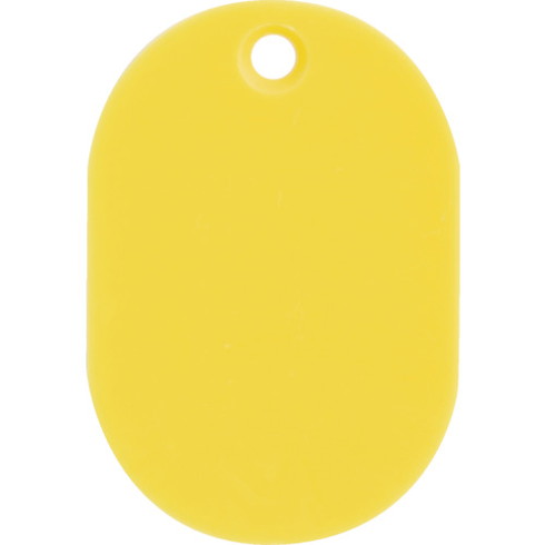 【商品スペック】特長●カラーが豊富で管理などに便利です。●ラベルを貼って使用したり、マーカー等での記入も可能です。用途仕様●色：イエロー●縦(mm)：45●横(mm)：30●厚さ(mm)：2.5●穴径(mm)：3仕様2●キーホルダーや二重リ...