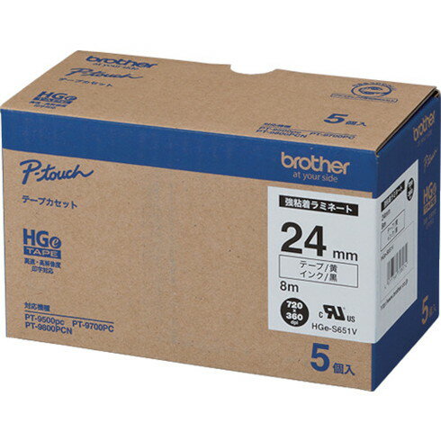 【商品スペック】特長●ハイスピード印刷、高解像度印刷対応テープ、通常のラミネートテープより、粘着力が強いテープです。用途仕様●テープ色：黄●テープ長さ(m)：8●文字色：黒●テープ幅(mm)：24仕様2●PT-P950NW/900W、PT-...