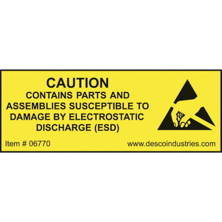 【商品スペック】特長●ESDSを含む機器であることを示すラベルです。用途●半導体工場、電子部品工場、精密電子機器組み立て工場などでの注意喚起に。仕様●縦(mm)：19●横(mm)：51仕様2●直径76mmコアのロール、一巻500枚入り材質／...