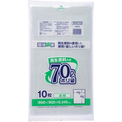 特長●再生プラスチックを40％使用したポリ袋です。用途●70Lポリ袋・ゴミ袋、非食品用。仕様●縦(mm)：900●横(mm)：800●厚さ(mm)：0.04●容量(L)：70●色：透明仕様2●グリーン購入法適合・エコマーク材質／仕上●LLD...