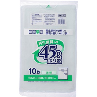 特長●再生プラスチックを40％使用したポリ袋です。用途●45Lポリ袋・ゴミ袋、非食品用。仕様●縦(mm)：800●横(mm)：650●厚さ(mm)：0.03●容量(L)：45●色：透明仕様2●グリーン購入法適合・エコマーク材質／仕上●LLD...