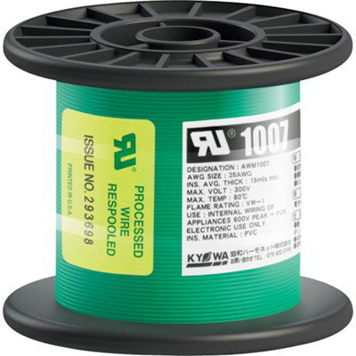 特長●UL WL-1及び電気用品安全法-F-の難燃試験に合格します。●UL・CSA共用です。仕様●色：緑●芯数：1●全長(m)：100●定格：300V●外径寸法(mm)：約1.2●導体(より線)断面積：AWG28●定格温度(℃)：80●許容...
