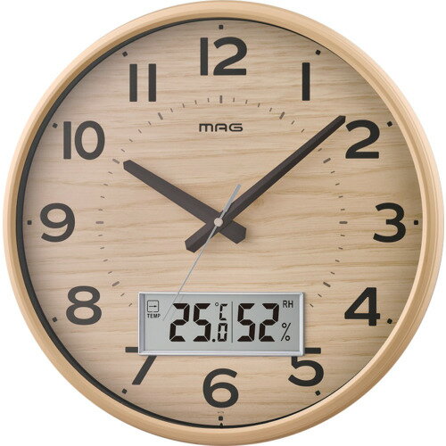 特長●温度湿度表示で環境目安を用途●どんな場所でも使いやすい一般サイズ仕様●色：ナチュラル●直径(mm)：355●厚さ(mm)：50●電源：単三形乾電池×2(別売）●電池寿命：約12ヶ月●電波：アリ仕様2●電波時計、ステップ秒針、温度表示、...