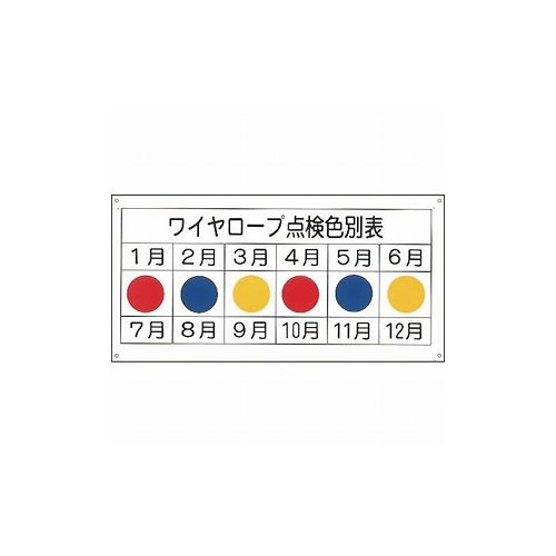 【商品スペック】■特長・ワイヤーロープの色別点検に用いる樹脂製の標識です。■用途・当該情報の明示に。■仕様・表示内容：ワイヤーロープ点検色別表・取付仕様：ビス止めまたはテープ止め(ビス、テープ別売)・縦(mm)：300・横(mm)：600・...