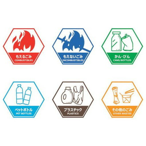 【商品スペック】特長●一般的に流通している「主要6分別」のステッカーを6枚セットにしました。●一般廃棄物を分別するためのステッカータイプです。用途●分別用のサインに。●分別のごみ箱用。仕様●表示内容：もえるごみ(COMBUSTIBLES)、...
