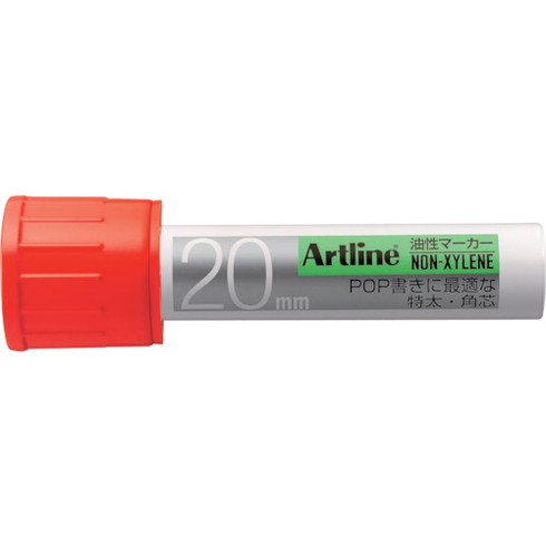 【商品スペック】特長●人にやさしいアルコール系インキ使用の油性マーカーです。●紙・プラスチック・金属などへ筆記できます。●キシレンは使用していません。●特太・角芯でPOP書きに最適です。用途仕様●インク色：赤●タイプ：角芯●文字サイズ：特太...