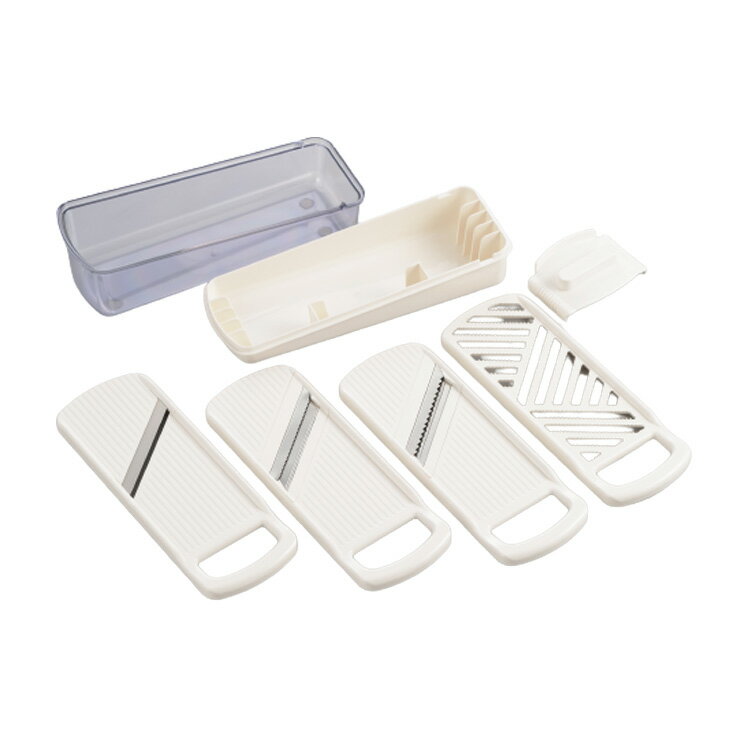 【商品サイズ】収納時 全長23.6×全幅8.5×高さ8.8cm【材質】フタ/AS樹脂（耐熱温度80℃）ホルダー/ポリプロピレン（耐熱温度110℃）その他/ABS樹脂（耐熱温度80℃）スライサー刃部/ステンレス刃物鋼千切り・ツマ切り刃部/18...