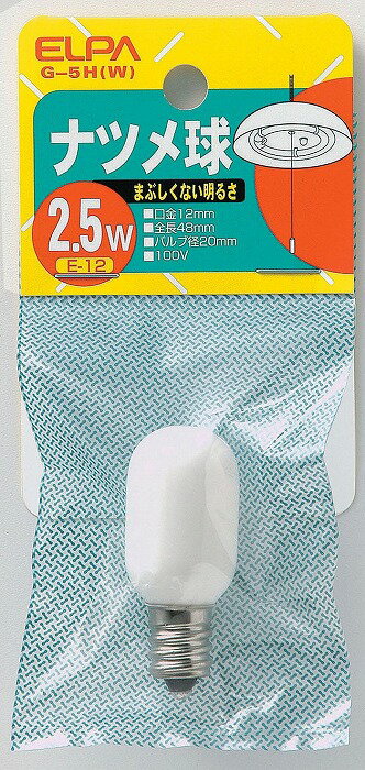 【商品詳細】定格電圧：100V定格消費電力：2.5W定格寿命：約3,000時間本体サイズ：全長48×バルブ径20(mm)口金：E12入数：1個カラー：ホワイト消費電力2.5Wでまぶしくなく、常夜灯に適しています。小形・低ワットで長寿命設計の...