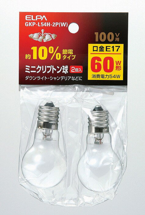 【商品詳細】定格電圧：100V定格消費電力：54W定格寿命：約2,000時間本体サイズ：全長67×バルブ径35(mm)口金：E17入数：2個カラー：ホワイト60W形約10％節電タイプアルゴンガスよりも熱伝導率の低いクリプトンガスの封入で長寿...